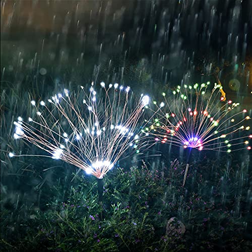 XVZ Solar Garden Lights, 2 Pack 120 LED Solar Powered Firework Light,2 Modes and Waterproof DIY Outdoor Decoration Light for Walkway Pathway Backyard Christmas Party Decor（Cold White）