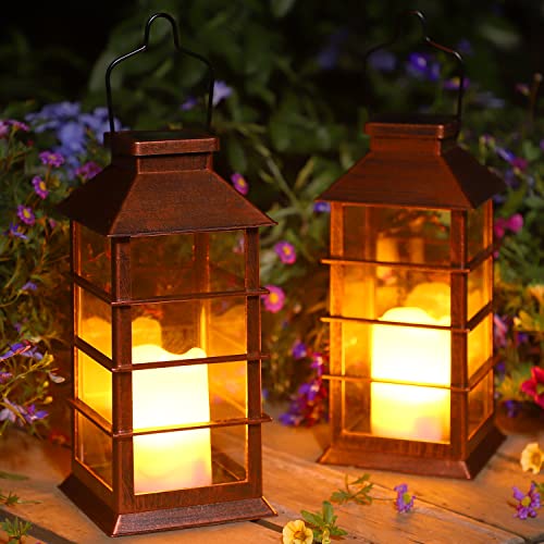 2 Pack Christmas Solar Lantern,Outdoor Garden Hanging Lantern-Waterproof LED Solar Lanterns Plastic Flickering Flameless Candle Mission Lights for Christmas Table, Outdoor, Party Decorative (Bronze)