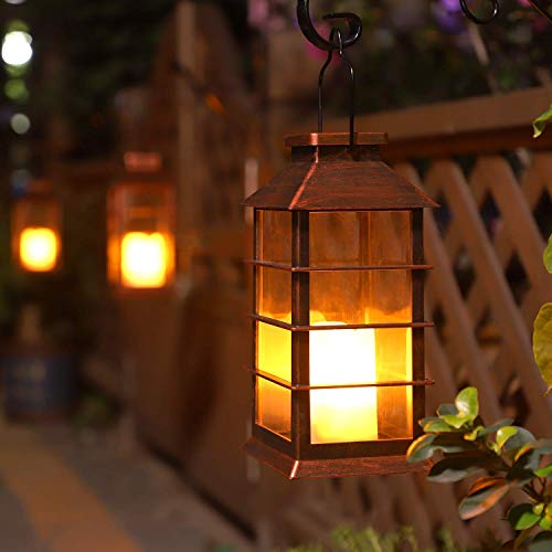 2 Pack Christmas Solar Lantern,Outdoor Garden Hanging Lantern-Waterproof LED Solar Lanterns Plastic Flickering Flameless Candle Mission Lights for Christmas Table, Outdoor, Party Decorative (Bronze)