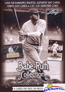 wowzzer! 2016 leaf babe ruth collection huge factory sealed box with 20 packs & 100 cards! look for authentic bat cards, yankee seat cards & 1 of 1 babe ruth signature cards worth $5,000! hof legend!