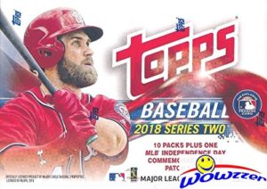 2018 topps series 2 mlb baseball exclusive factory sealed retail box with usa independence day flag patch! look for rookies & autographs of shohei ohtani, gleyber torres, ronald acuna & many more!