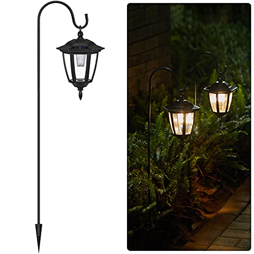 Brightown Solar Pathway Lights Outdoor Waterproof 2 Pack 38.5 Inch Shepherd Hook with Hanging Lantern Bright Driveway Markers Black Lamp Post for Garden Path Front Outside Patio Yard 3000K Warm White