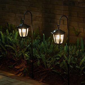 Brightown Solar Pathway Lights Outdoor Waterproof 2 Pack 38.5 Inch Shepherd Hook with Hanging Lantern Bright Driveway Markers Black Lamp Post for Garden Path Front Outside Patio Yard 3000K Warm White