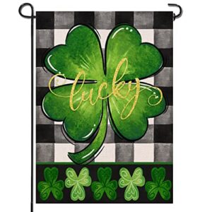 artofy st patricks day shamrock small decorative garden flag, lucky clover irish yard lawn outside decor, buffalo plaid check farmhouse outdoor home decoration double sided 12 x 18