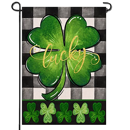 Artofy St Patricks Day Shamrock Small Decorative Garden Flag, Lucky Clover Irish Yard Lawn Outside Decor, Buffalo Plaid Check Farmhouse Outdoor Home Decoration Double Sided 12 x 18