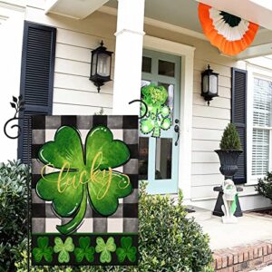 Artofy St Patricks Day Shamrock Small Decorative Garden Flag, Lucky Clover Irish Yard Lawn Outside Decor, Buffalo Plaid Check Farmhouse Outdoor Home Decoration Double Sided 12 x 18