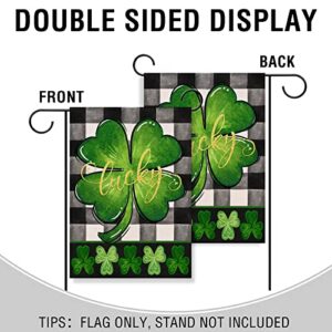 Artofy St Patricks Day Shamrock Small Decorative Garden Flag, Lucky Clover Irish Yard Lawn Outside Decor, Buffalo Plaid Check Farmhouse Outdoor Home Decoration Double Sided 12 x 18