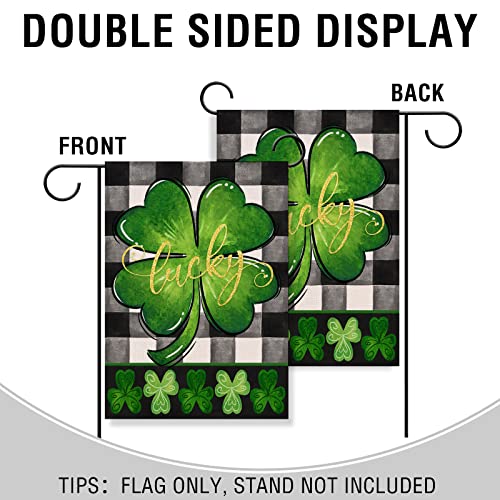 Artofy St Patricks Day Shamrock Small Decorative Garden Flag, Lucky Clover Irish Yard Lawn Outside Decor, Buffalo Plaid Check Farmhouse Outdoor Home Decoration Double Sided 12 x 18