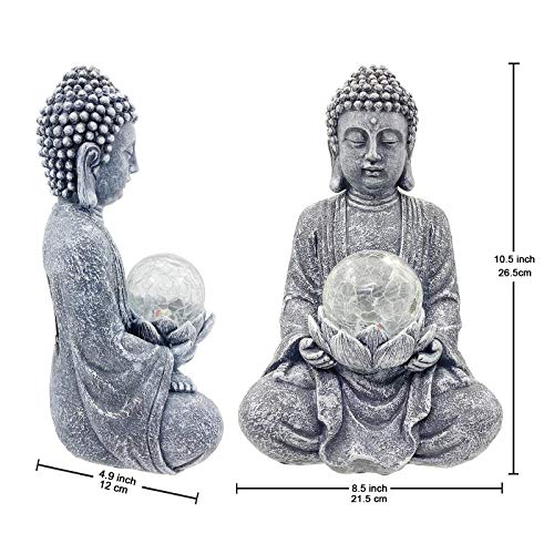 Nacome Meditating Buddha Statue with Solar Light,Zen Solar Garden Buddha with Cracked Glass Ball Sculpture-Indoor/Outdoor Decor for Balcony,Garden,Patio,Porch Yard Art Ornament,Gift