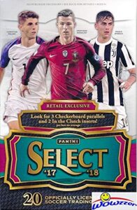 2017/18 panini select soccer exclusive factory sealed retail box with (3) checkerboard parallels & (2) clutch inserts! look for kylian mbappe rookies! look for autos of ronaldo, messi, pele & more!