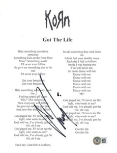 munky james shaffer korn signed got the life song lyric sheet 8.5×11 beckett coa