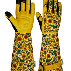 MSUPSAV Gardening Gloves for Women&Men,Thorn Proof Garden Gloves for Gardening,Rose Pruning Work Gloves,Leather Working Gloves(Large, Sunflower)