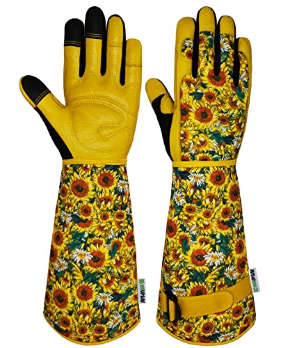 MSUPSAV Gardening Gloves for Women&Men,Thorn Proof Garden Gloves for Gardening,Rose Pruning Work Gloves,Leather Working Gloves(Large, Sunflower)