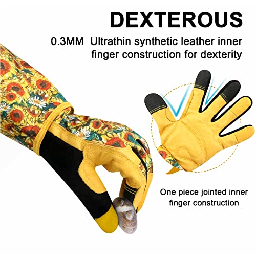 MSUPSAV Gardening Gloves for Women&Men,Thorn Proof Garden Gloves for Gardening,Rose Pruning Work Gloves,Leather Working Gloves(Large, Sunflower)