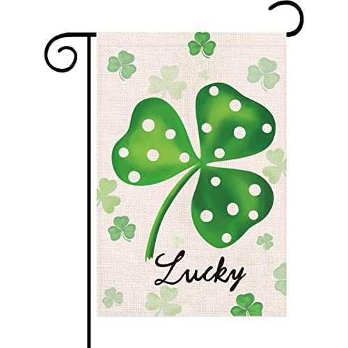 Iutumo St. Patrick's Day Garden Flag 12x18 Inch Double Sided, Watercolour Green Shamrock with Polka Dots, Irish Lucky Clovers Vertical Small Banner for Seasonal Holiday Home Outside Yard Farmhouse Decoration