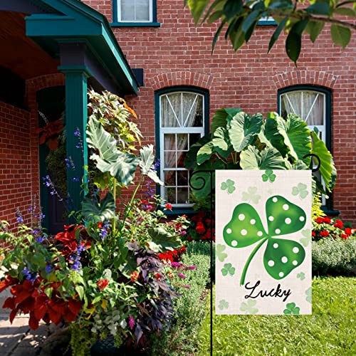 Iutumo St. Patrick's Day Garden Flag 12x18 Inch Double Sided, Watercolour Green Shamrock with Polka Dots, Irish Lucky Clovers Vertical Small Banner for Seasonal Holiday Home Outside Yard Farmhouse Decoration