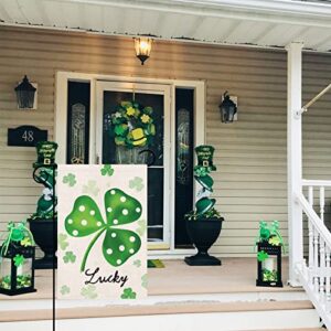 Iutumo St. Patrick's Day Garden Flag 12x18 Inch Double Sided, Watercolour Green Shamrock with Polka Dots, Irish Lucky Clovers Vertical Small Banner for Seasonal Holiday Home Outside Yard Farmhouse Decoration