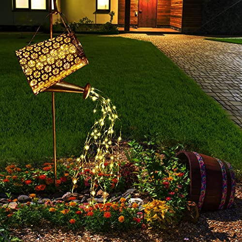 Solar Watering Can with Cascading Lights, Adorable Outdoor Hanging Solar Lantern, Durable Metal Waterproof Garden Lights Cute Addition for Garden Yards Rose Bush Patio Pathway Party