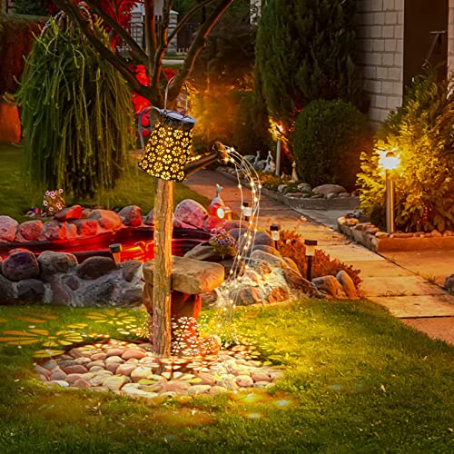 Solar Watering Can with Cascading Lights, Adorable Outdoor Hanging Solar Lantern, Durable Metal Waterproof Garden Lights Cute Addition for Garden Yards Rose Bush Patio Pathway Party