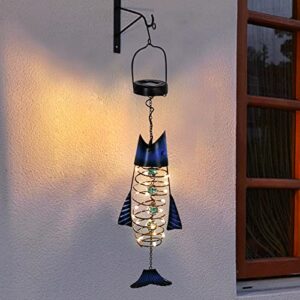 outdoor lights for patio garden decor – metal solar fish hanging decoration – solar lamp decorative yard art – pretty nice lantern for man woman holiday gift ideas | waterproof warm led lighting