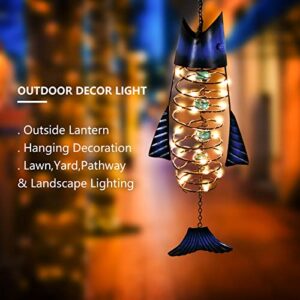 Outdoor Lights for Patio Garden Decor - Metal Solar Fish Hanging Decoration - Solar Lamp Decorative Yard Art - Pretty Nice Lantern for Man Woman Holiday Gift Ideas | Waterproof Warm LED Lighting