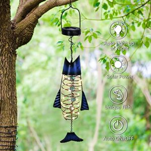 Outdoor Lights for Patio Garden Decor - Metal Solar Fish Hanging Decoration - Solar Lamp Decorative Yard Art - Pretty Nice Lantern for Man Woman Holiday Gift Ideas | Waterproof Warm LED Lighting