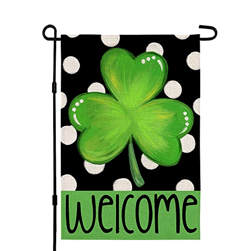 CROWNED BEAUTY St Patricks Day Garden Flag 12×18 Inch Double Sided Green Shamrock Clover Welcome Small Outside Vertical Holiday Yard Decor