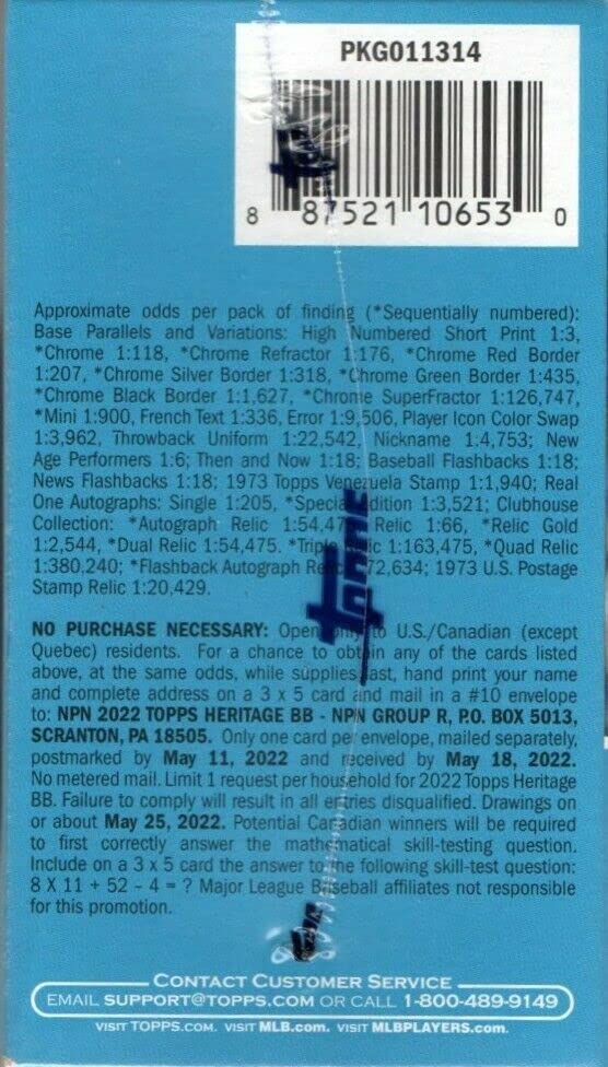 2022 Topps HERITAGE Baseball Series Factory Sealed Blaster Box of Packs with 72 Cards including Possible Rookies Autographs and Jersey Cards