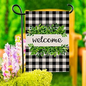 Spring Garden Flag Welcome Flags 12x18 Double Sided Buffalo Check Plaid Burlap Evergreen Yard Flags for Spring Winter Yard Outdoor Farmhouse Decor Small