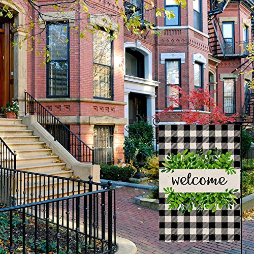 Spring Garden Flag Welcome Flags 12x18 Double Sided Buffalo Check Plaid Burlap Evergreen Yard Flags for Spring Winter Yard Outdoor Farmhouse Decor Small