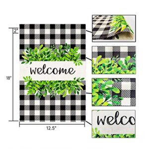 Spring Garden Flag Welcome Flags 12x18 Double Sided Buffalo Check Plaid Burlap Evergreen Yard Flags for Spring Winter Yard Outdoor Farmhouse Decor Small