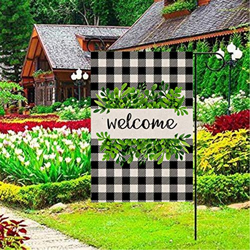 Spring Garden Flag Welcome Flags 12x18 Double Sided Buffalo Check Plaid Burlap Evergreen Yard Flags for Spring Winter Yard Outdoor Farmhouse Decor Small