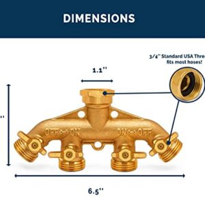 Morvat Heavy Duty Brass 4 Way Splitter, Garden Hose Manifold Connector with Comfort Grip ON/OFF Valves, Adapter for Water Faucet & Spigot, Includes 8 Extra Washers, Roll of Teflon Tape & Mounting Kit