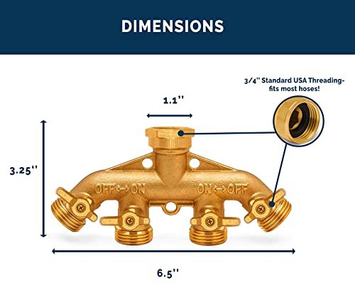 Morvat Heavy Duty Brass 4 Way Splitter, Garden Hose Manifold Connector with Comfort Grip ON/OFF Valves, Adapter for Water Faucet & Spigot, Includes 8 Extra Washers, Roll of Teflon Tape & Mounting Kit