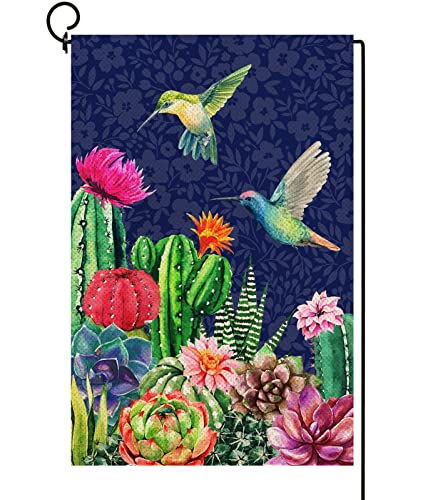 Baccessor Spring Hummingbird Cactus Garden Flag Double Sided 12.5x18 Inch, Summer Brid Floral Succulents Small Burlap Yard Flag Farmhouse Seasonal Outside Outdoor Decoration