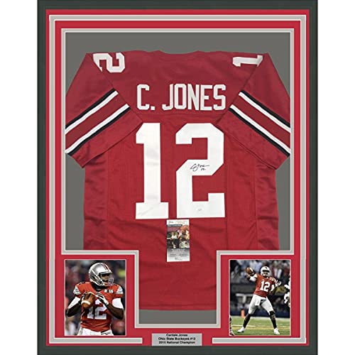 Framed Autographed/Signed Cardale Jones 33x42 Ohio State Red College Football Jersey JSA COA