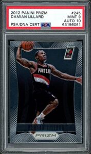 damian lillard autographed 2012 panini prizm rookie card #245 portland trail blazers psa 9 auto grade gem mint 10 on card psa/dna #63156061 – unsigned basketball cards