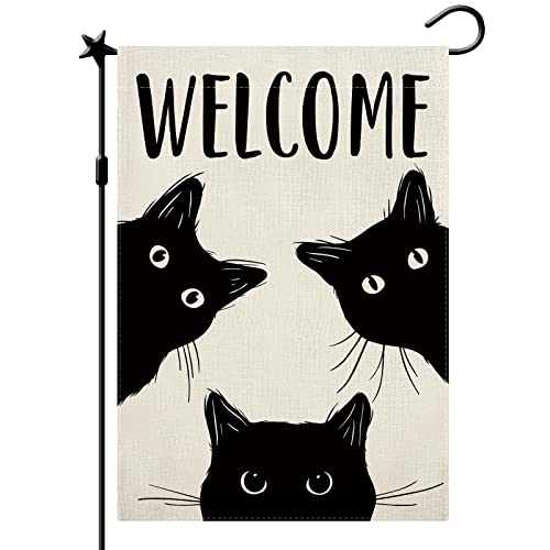 CMEGKE Black Cat Garden Flag Cat Flag Welcome Garden Flag Halloween Yard Flag Double Sided Burlap Holiday Halloween Farmhouse Home Outdoor Yard Decor Black Cat Halloween Decor 12.5 x 18 In