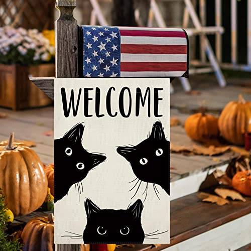 CMEGKE Black Cat Garden Flag Cat Flag Welcome Garden Flag Halloween Yard Flag Double Sided Burlap Holiday Halloween Farmhouse Home Outdoor Yard Decor Black Cat Halloween Decor 12.5 x 18 In