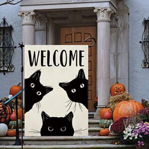 CMEGKE Black Cat Garden Flag Cat Flag Welcome Garden Flag Halloween Yard Flag Double Sided Burlap Holiday Halloween Farmhouse Home Outdoor Yard Decor Black Cat Halloween Decor 12.5 x 18 In