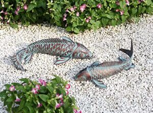 garden sculptures & statues, garden statues, koi fish decor, antique outdoor statue ornament, metal copper garden art, set of 2 fish sculpture for outdoors, patio, yard, lawn, pond and home decoration