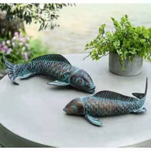 Garden Sculptures & Statues, Garden Statues, Koi Fish Decor, Antique Outdoor Statue Ornament, Metal Copper Garden Art, Set of 2 Fish Sculpture for Outdoors, Patio, Yard, Lawn, Pond and Home Decoration