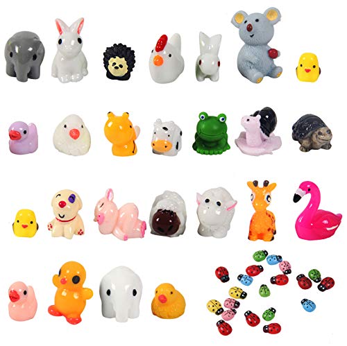 Kbraveo 45Pcs Mini Animals Miniature Ornament Kits Set for DIY,Fairy Gardens Dollhouse Décor,Elephants,Rabbits,Hedgehogs,hens,Bunnies,Cubs,Chicks,Bees,Cows,Frogs,Snails,Turtles,Puppies,Pigs,Sheep