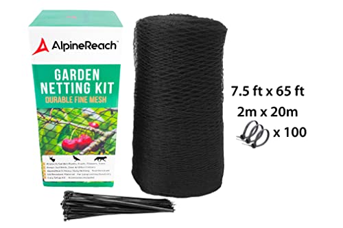 AlpineReach Garden Netting Heavy Duty Bird, Deer, Plant Protection 7.5 x 65 ft Extra Strong Woven Mesh Animal Net, Reusable Kit with Zip Ties, Fencing for Fruits Trees, Black