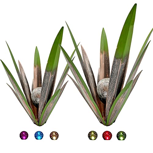 menoha Tequila Rustic Sculpture, DIY Hand Painted Metal Agave Decor with Gazing Ball, Garden Yard Sculpture Lawn Home Ornaments, for Yard Stakes, Garden Figurines, Outdoor Patio (Green 2PCS+2 Balls)