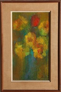 yellow flowers in blue vase