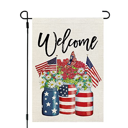 CROWNED BEAUTY Patriotic American Star and Strip Floral Welcome Garden Flag 12×18 Inch Double Sided 4th of July Independence Day Memorial Day Yard Outdoor Decor CF111-12