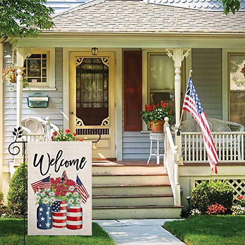 CROWNED BEAUTY Patriotic American Star and Strip Floral Welcome Garden Flag 12×18 Inch Double Sided 4th of July Independence Day Memorial Day Yard Outdoor Decor CF111-12