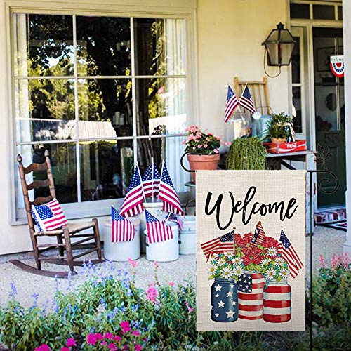 CROWNED BEAUTY Patriotic American Star and Strip Floral Welcome Garden Flag 12×18 Inch Double Sided 4th of July Independence Day Memorial Day Yard Outdoor Decor CF111-12