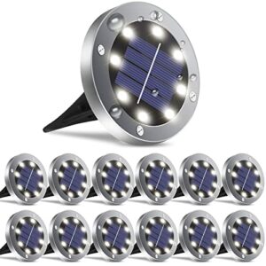 solar outdoor lights 12 packs, garden solar lights outdoor waterproof solar pathway lights bright in-ground lights outdoor lighting decor for lawn, patio , yard, driveway, step and walkway white light